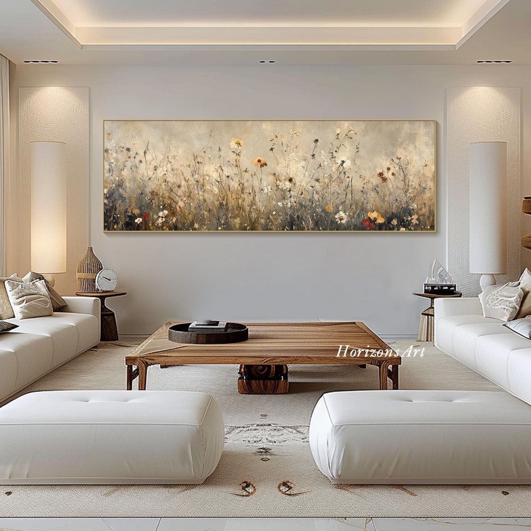 Horizontal Wildflower Textured Wall Art Large Long Wide Vintage Floral ...