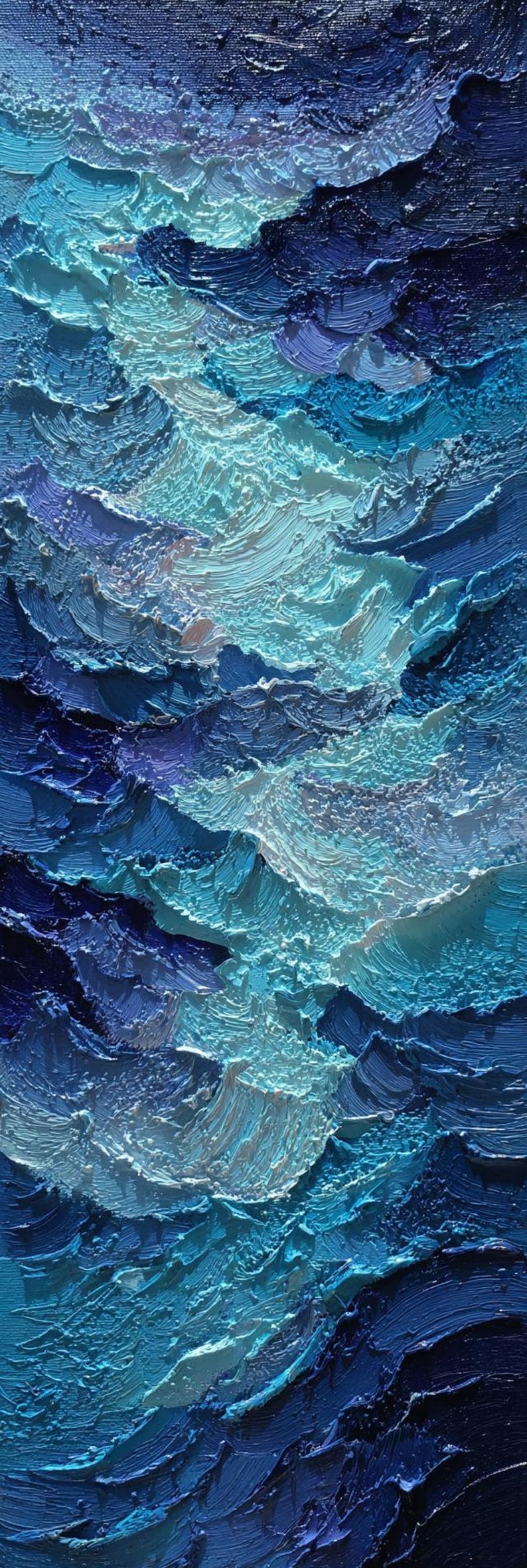 Large Deep Blue Ocean Wave Oil Painting on Canvas 3D Vertical Textured ...