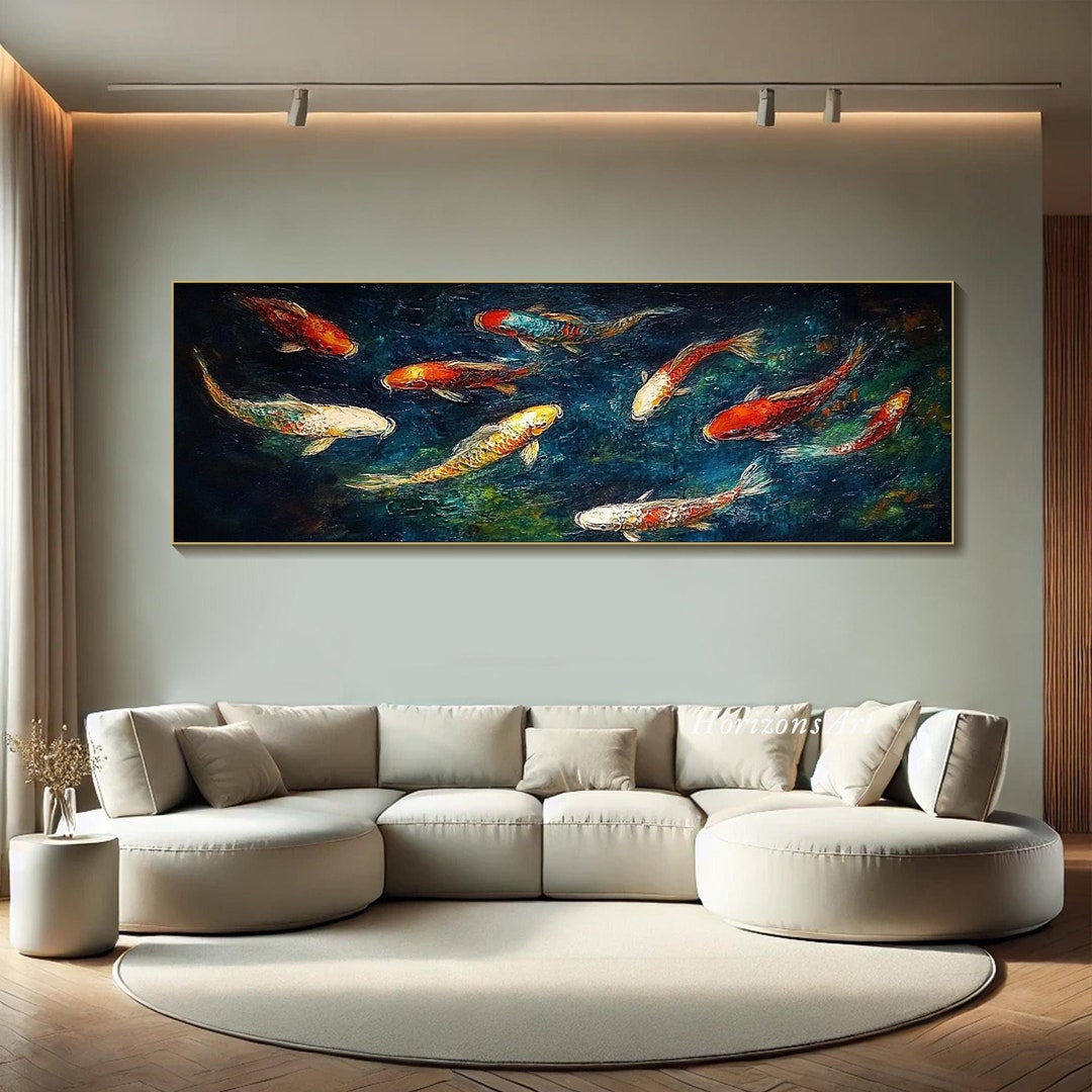 Large Long Wide Koi Fish Painting on Canvas 3D Horizontal Vibrant Koi ...