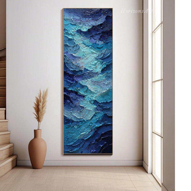 Large Deep Blue Ocean Wave Oil Painting on Canvas 3D Vertical Textured ...
