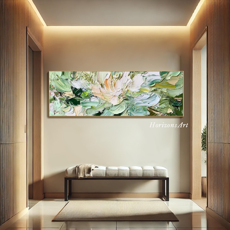 3D Horizontal Green Abstract Flower Textured Wall Art Large Long Wide ...