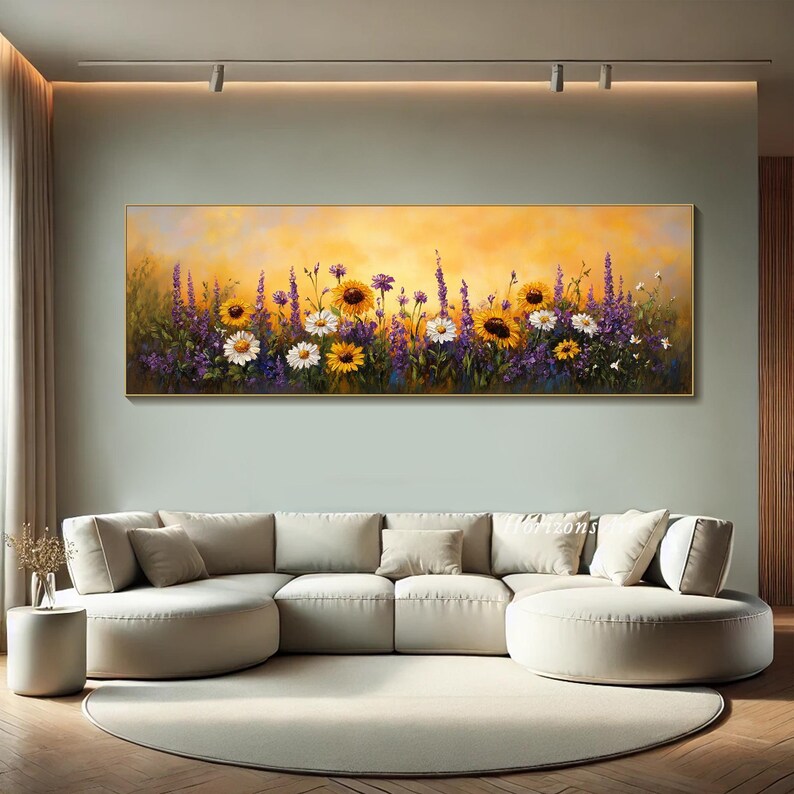 3D Horizontal Textured Wildflower Field Wall Art Large Long Wide ...