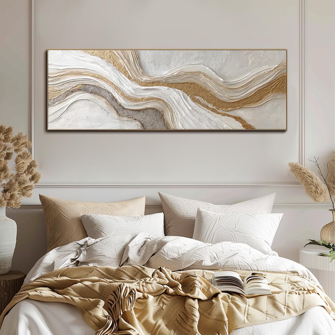 Large Long Wide White Gold Silver Textured Wall Art Abstract Plaster ...