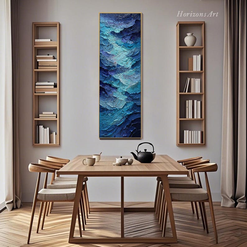 Large Deep Blue Ocean Wave Oil Painting on Canvas 3D Vertical Textured ...