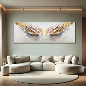 3D Horizontal Angel Wings Textured Wall Art Large Long Wide Gold & Pink ...