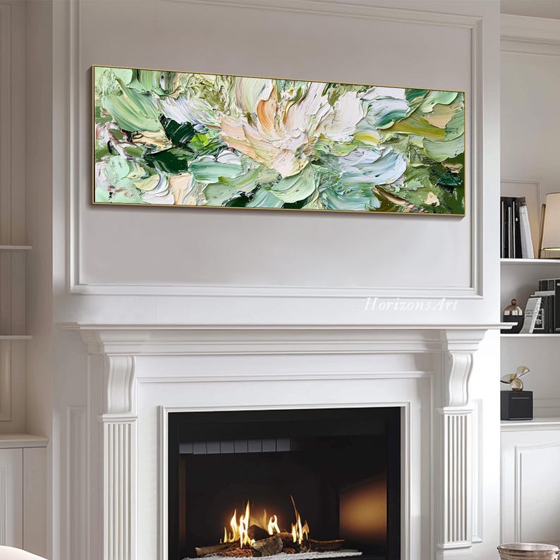 3D Horizontal Green Abstract Flower Textured Wall Art Large Long Wide ...