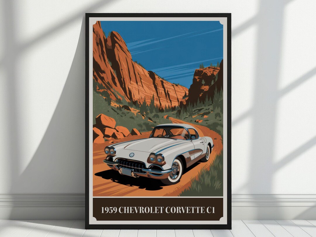 1959 Chevrolet Corvette Poster, Classic Car Wall Art, White and Orange ...