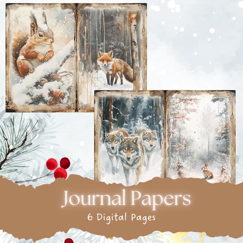 Snowy Woodland Animal Junk Journal Pages Digital Scrapbook Paper Winter ...