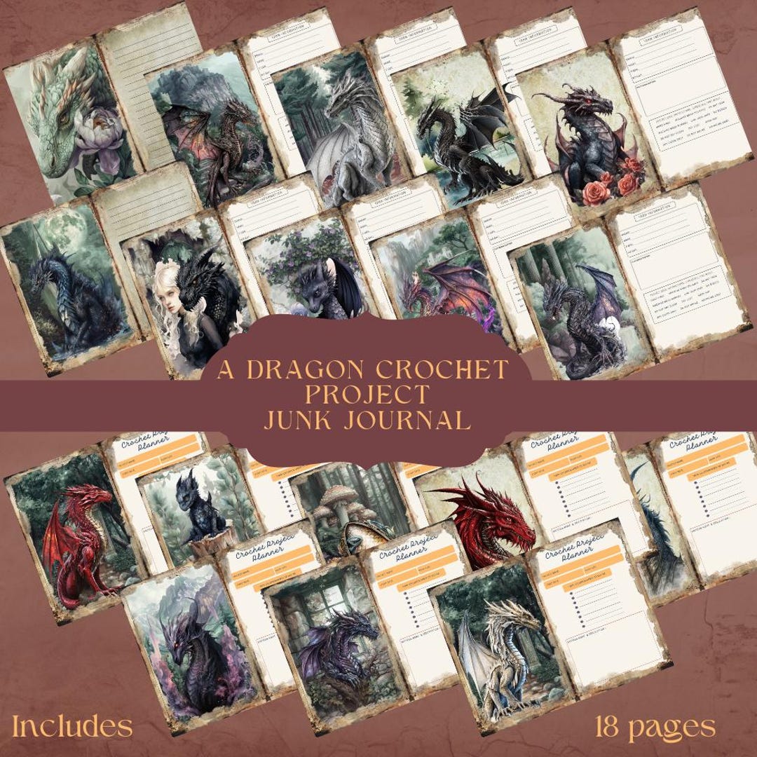 Dragon Crochet Project Junk Journal, Fantasy Collage Printable, Fantasy ...
