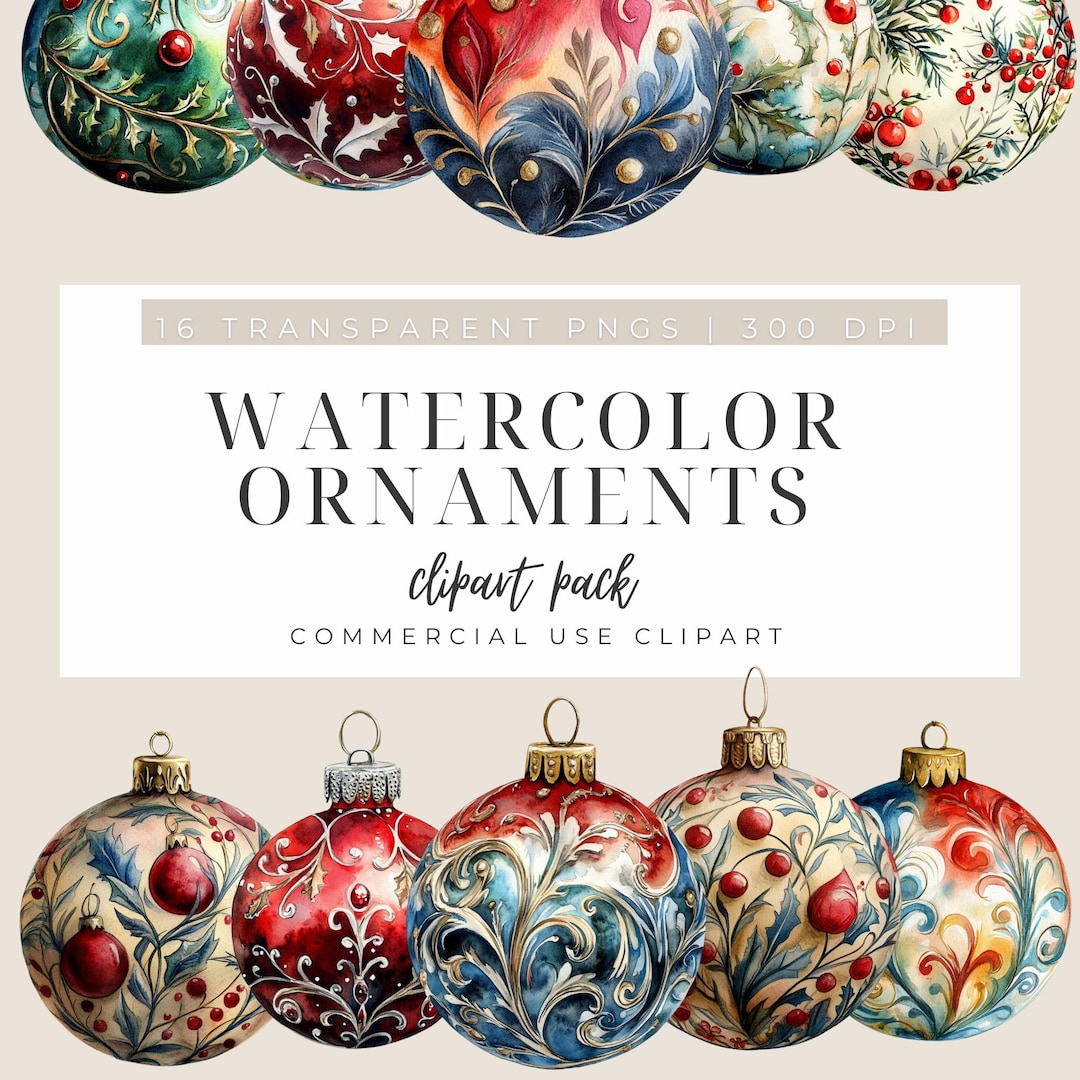 16 Christmas Ornaments Clipart Bundle, Watercolor Set, Festive ...
