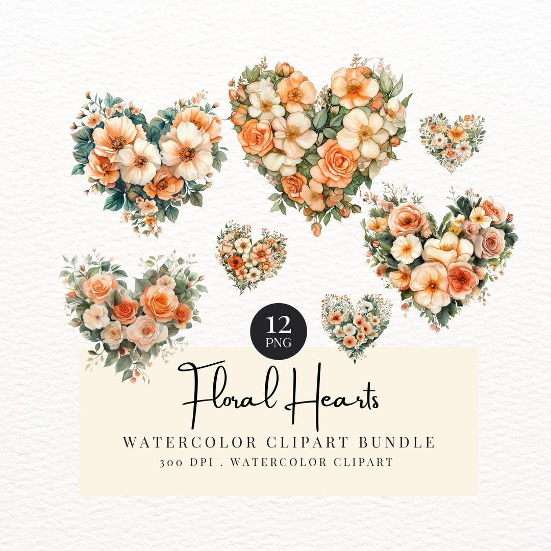 Watercolor Floral Heart Clipart, Png Bundle, Clip Art, Flower ...