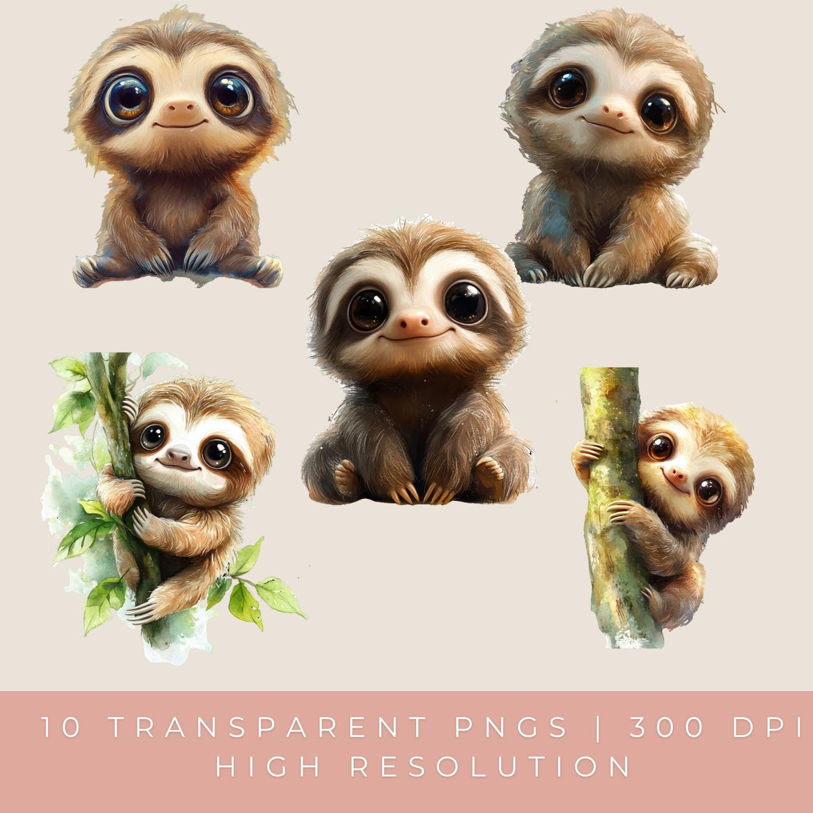 10 Cute Sloth Clipart, Watercolor Sloth Nursery, Spring Woodland Animal ...
