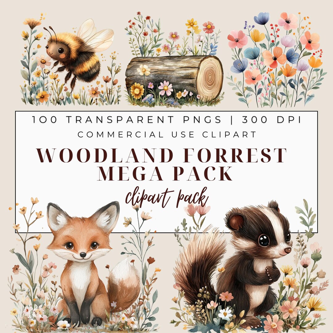 Woodland Animals Clipart Bundle, Cute Forest Animals PNG, Watercolor ...