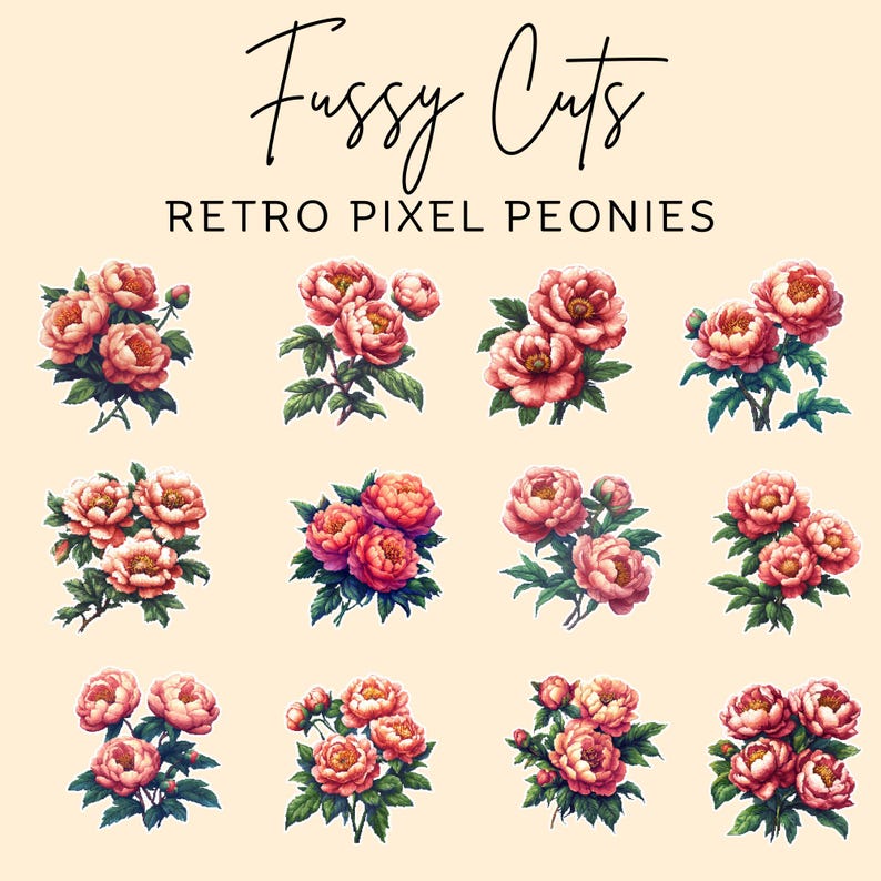 Retro Pixel Peony Fussy Cut Ephemera Pages, High Quality Printable ...