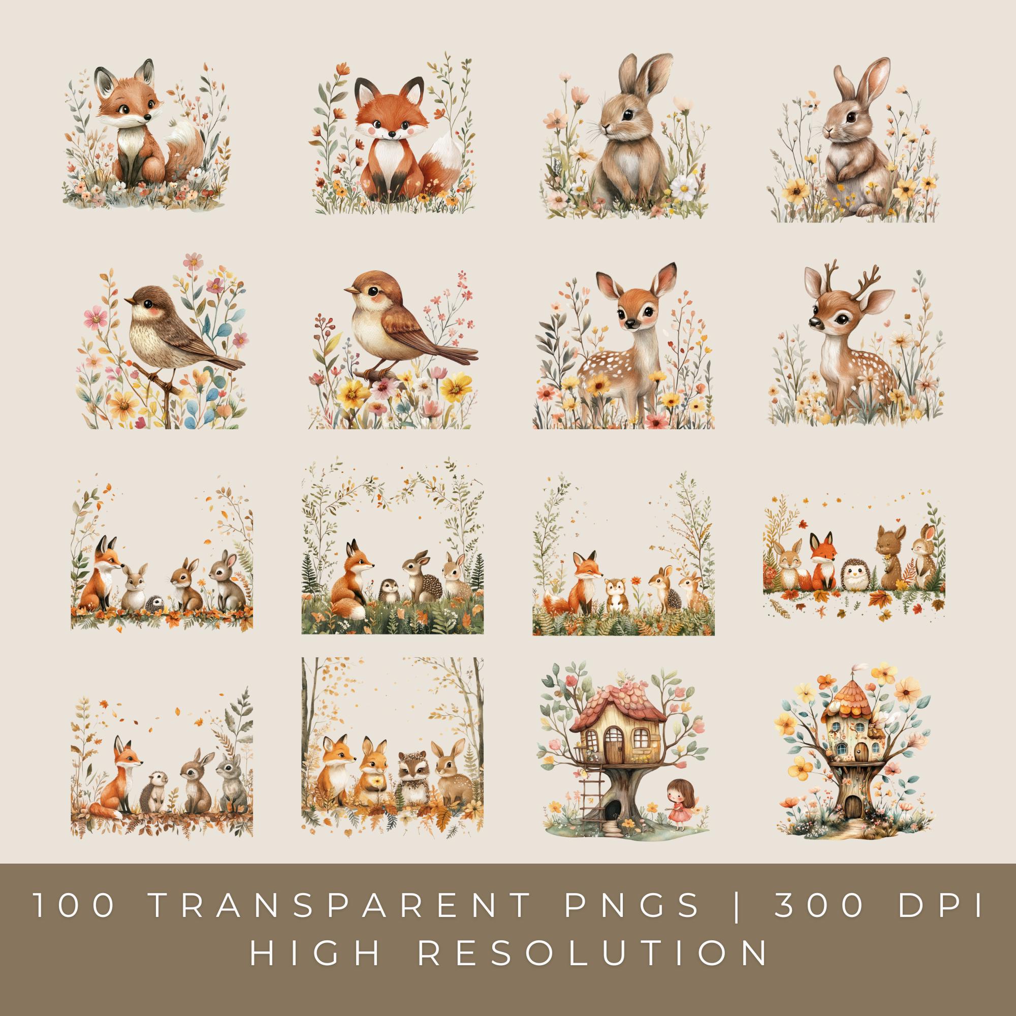 Woodland Animals Clipart Bundle, Cute Forest Animals PNG, Watercolor ...