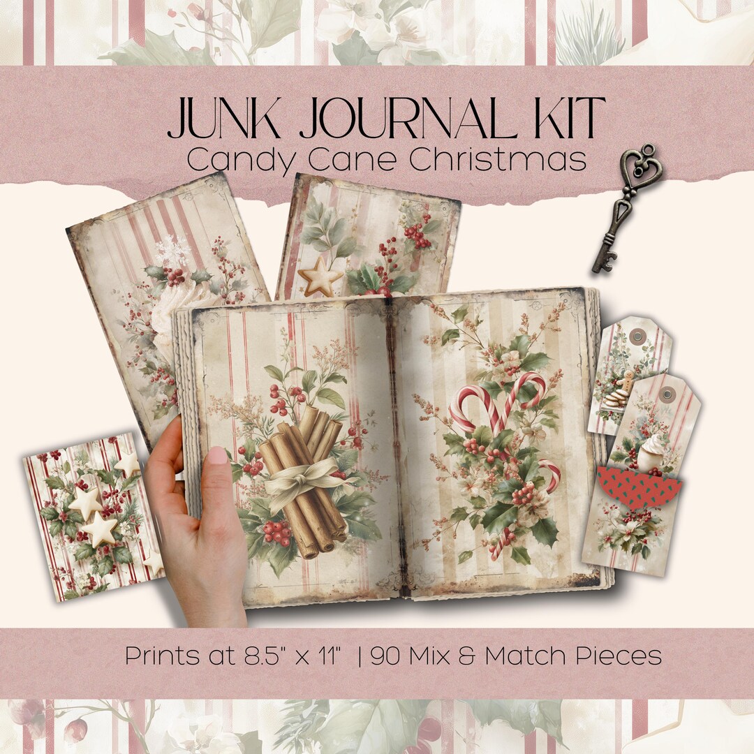 Candy Cane Junk Journal Kit, Vintage Christmas Printable, Red White and ...