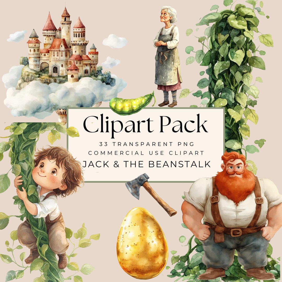Watercolor Jack and the Beanstalk Clipart INSTANT DOWNLOAD Flok Lore, Fairytale Graphics for ...