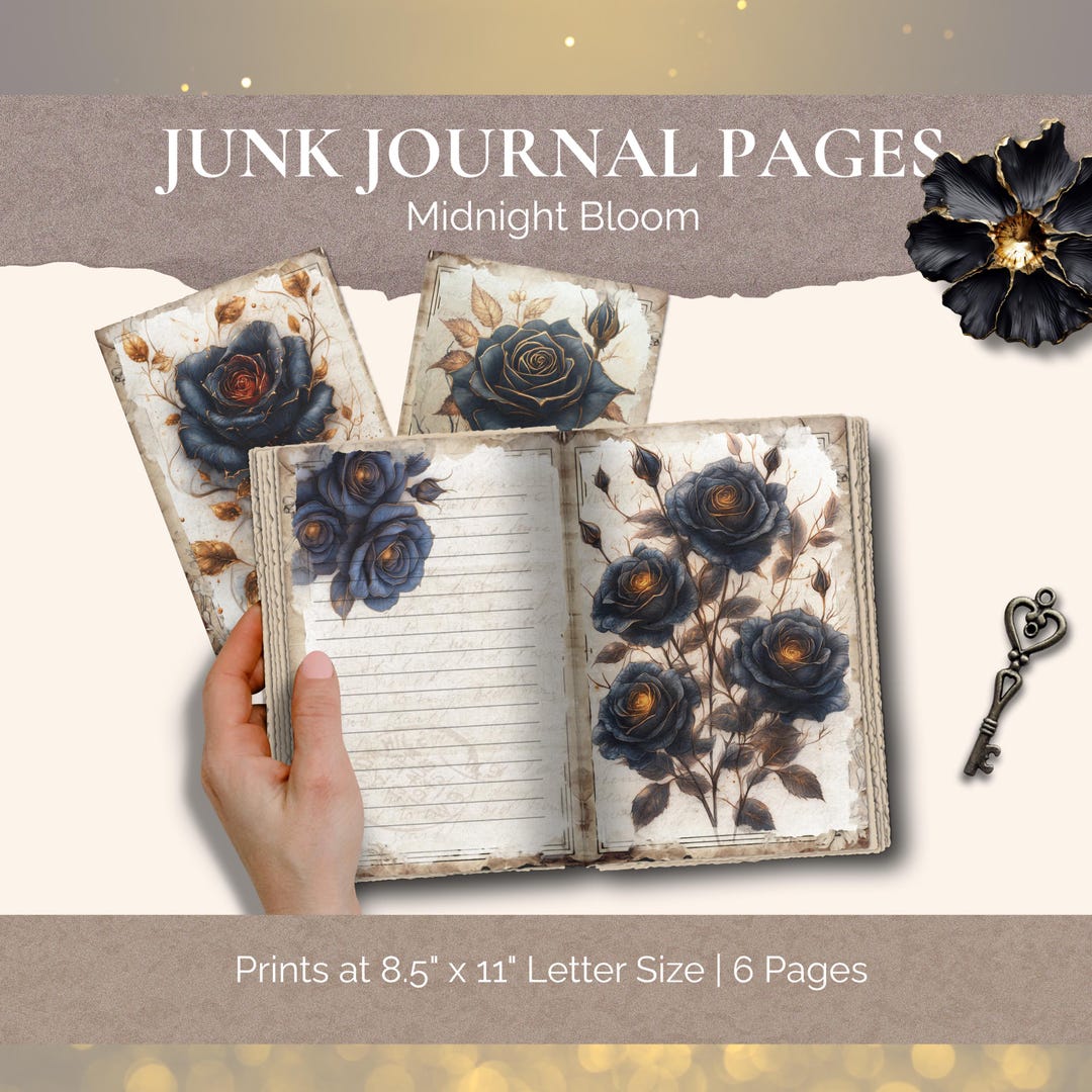 Moody Roses Junk Journal Pages | Black, Blue and Gold Floral Papers ...