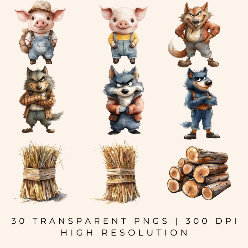 Three Little Pigs Clipart , Cute Piglet, Big Bad Wolf, Fairy Tale ...
