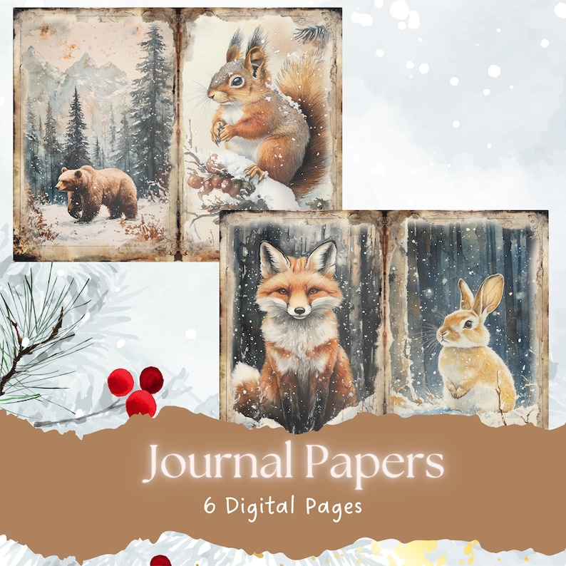 Snowy Woodland Animal Junk Journal Pages Digital Scrapbook Paper Winter ...