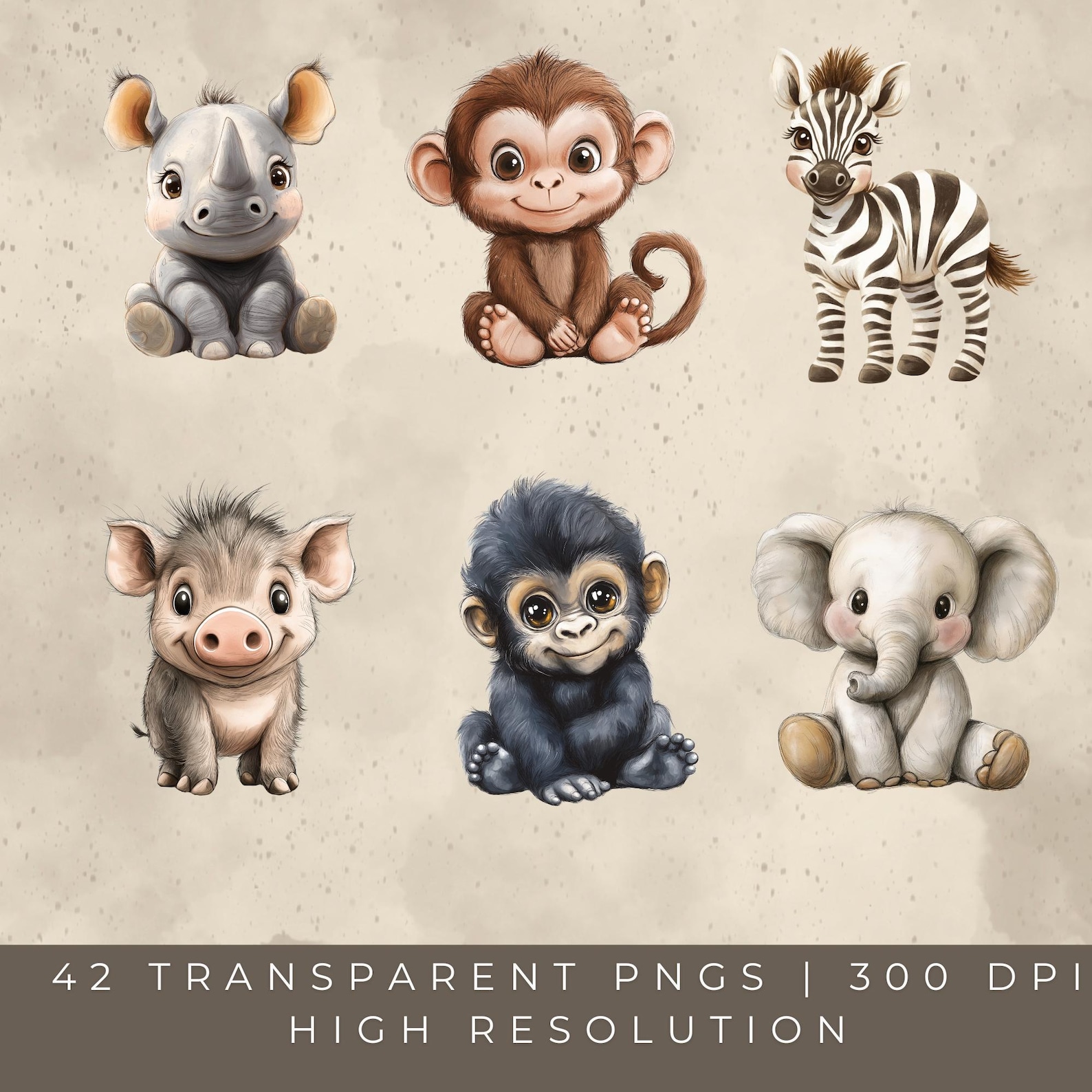 Cute Jungle Animals Clipart, Safari Baby Animal PNG, Watercolor Animal ...