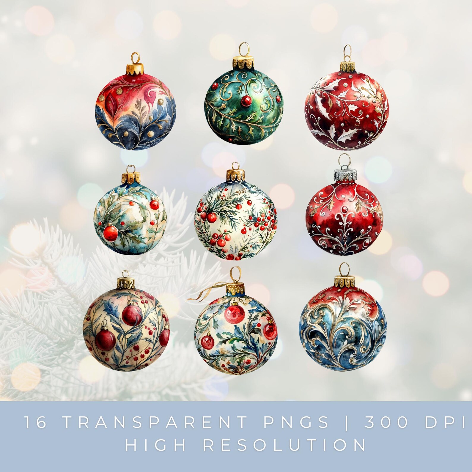 16 Christmas Ornaments Clipart Bundle, Watercolor Set, Festive ...