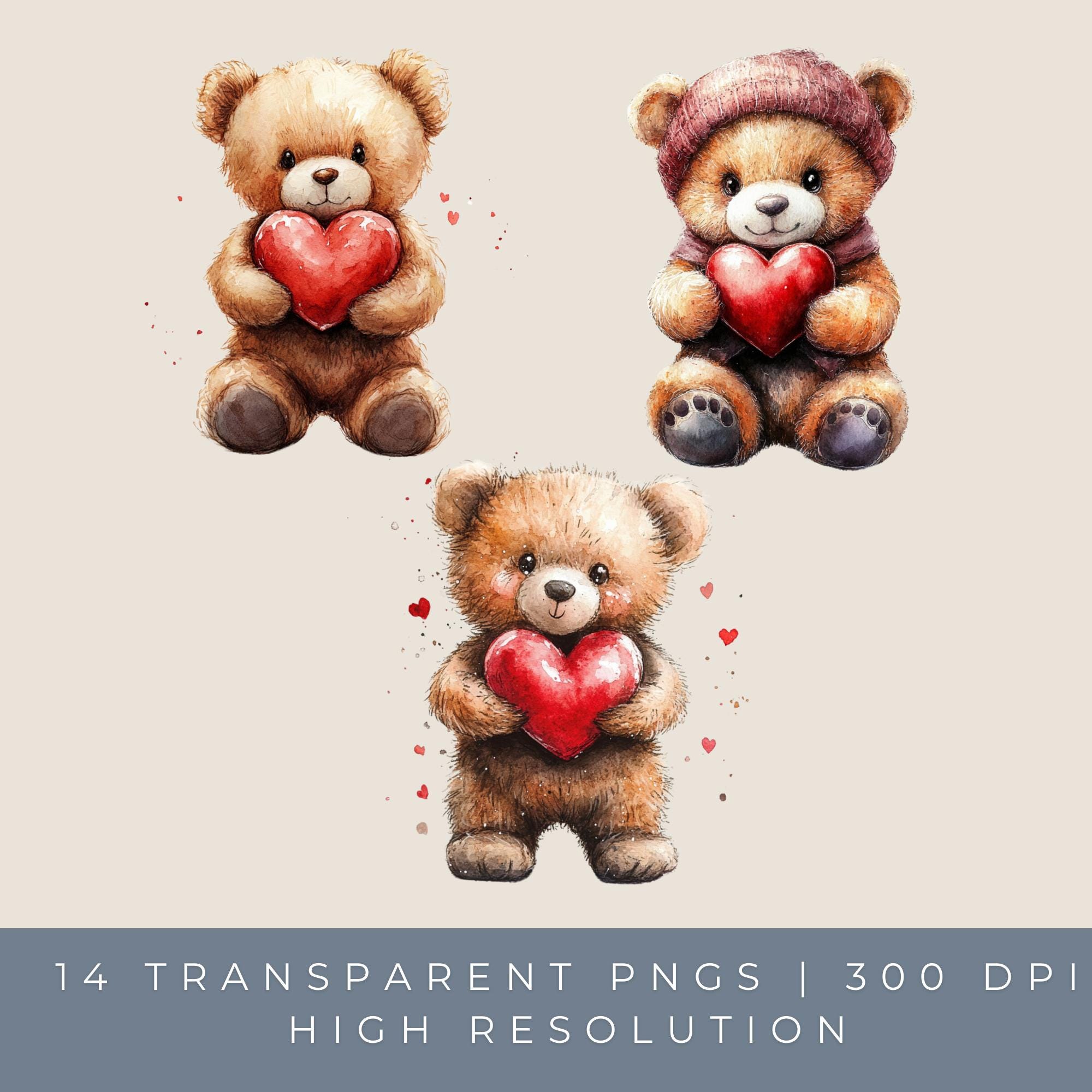 14 Valentine Teddy Bear, Heart Clip Art for Invitations, Cards, Digital ...