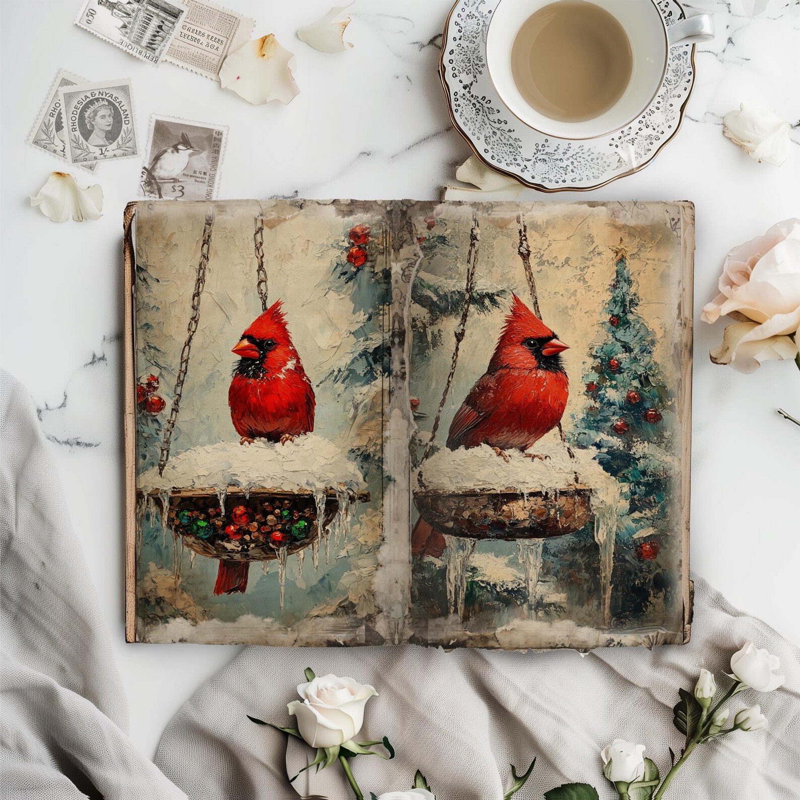 Winter Red Cardinals Christmas Junk Journal Kits Red Cardinal Clipart ...