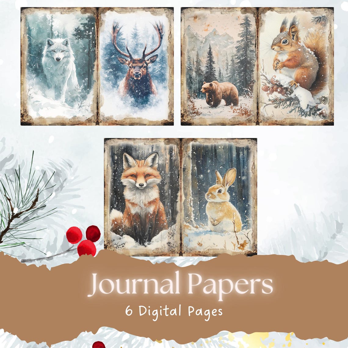 Snowy Woodland Animal Junk Journal Pages Digital Scrapbook Paper Winter ...