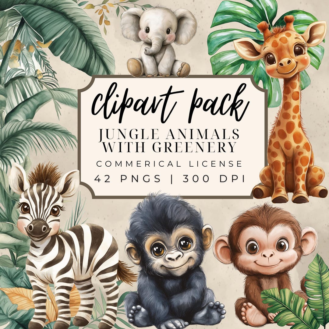 Cute Jungle Animals Clipart, Safari Baby Animal PNG, Watercolor Animal ...