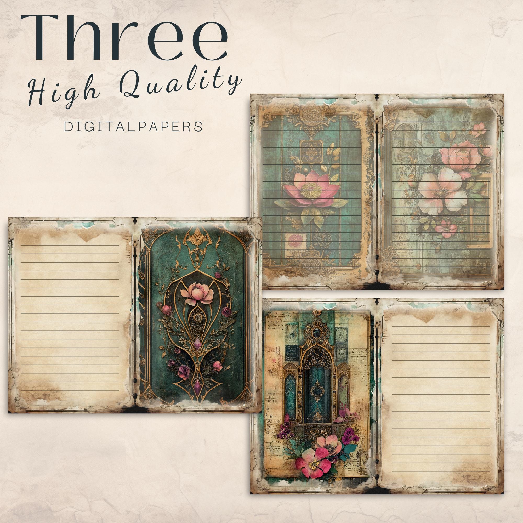 Emerald Green and Pink Art Deco Scrapbook Pages, Vintage Floral Frames ...