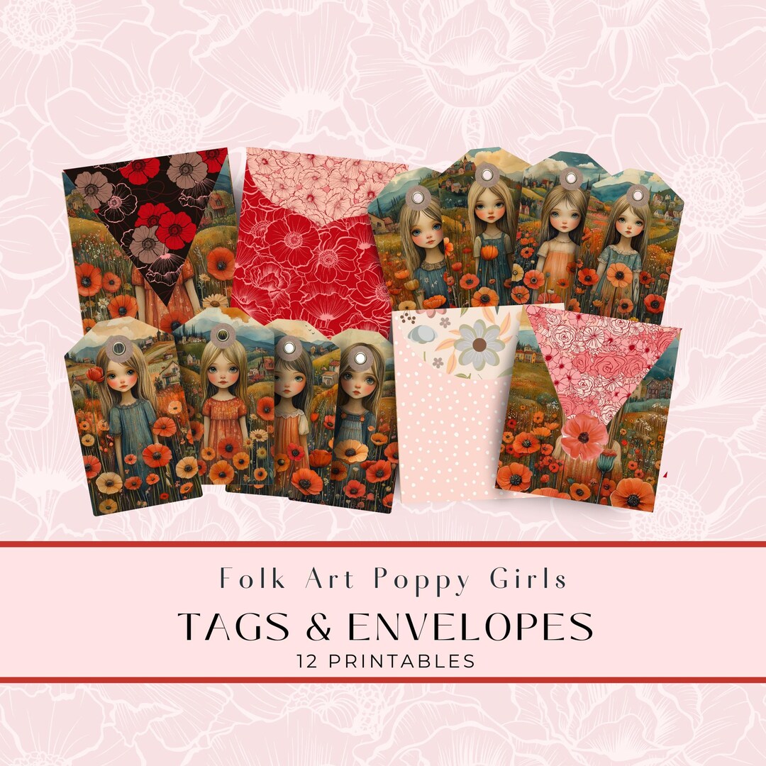 Folk Art Printable Mini Envelopes and Tags, Little Girls and Poppy ...