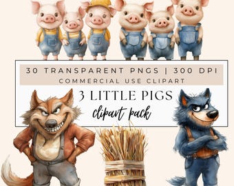 Three Little Pigs Clipart , Cute Piglet, Big Bad Wolf, Fairy Tale ...
