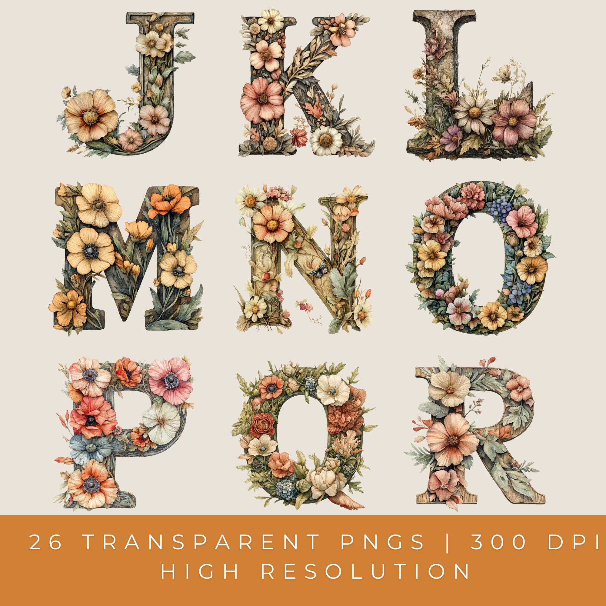 26 Floral Alphabet Clipart, Letter Monogram, Floral Initial, Alphabet ...