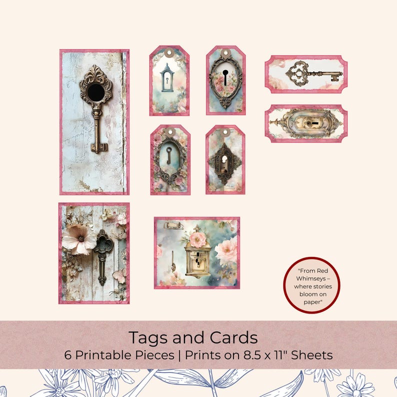 Vintage Lock & Key Junk Journal Pages and Folio Kit, Blue and Pink Lock ...