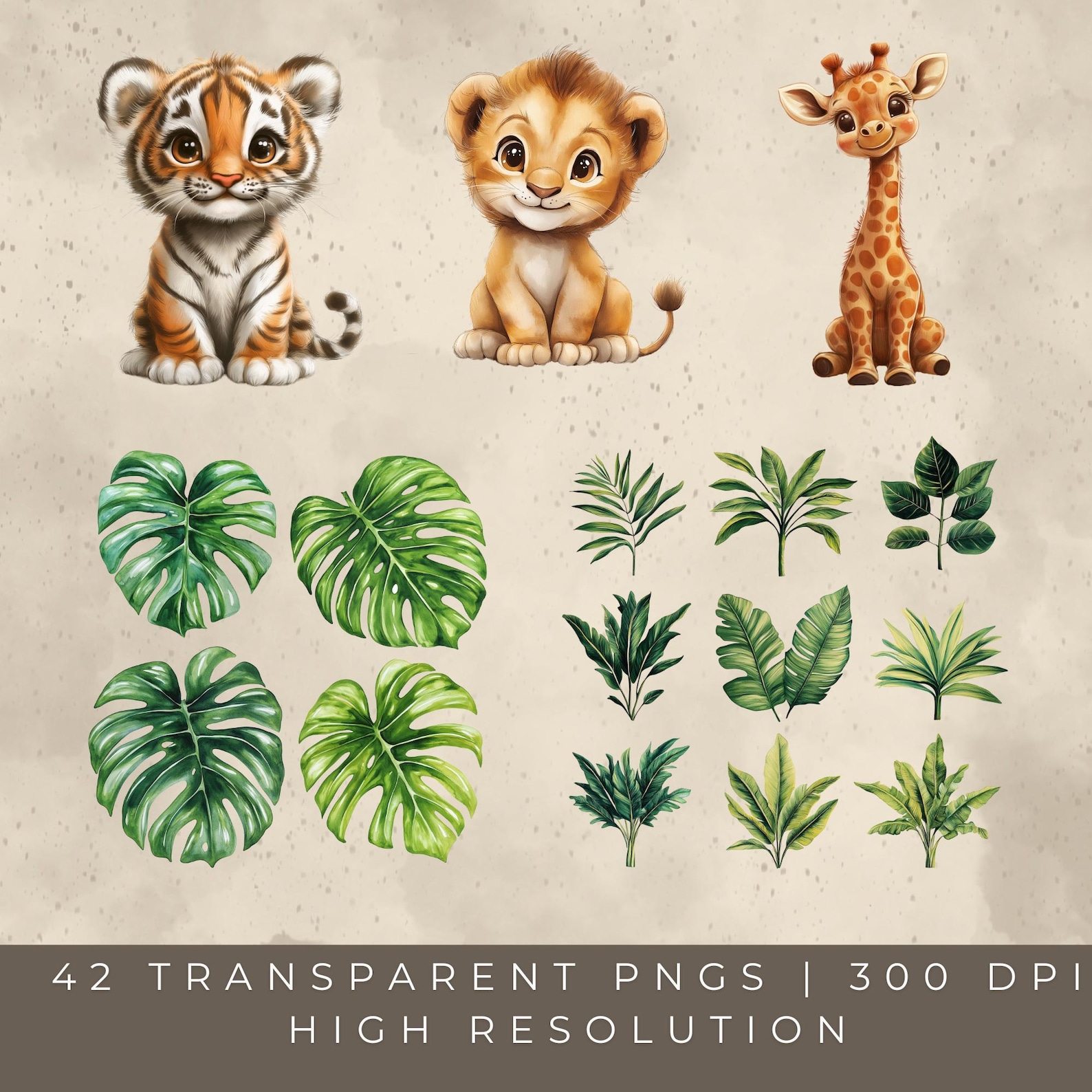 Cute Jungle Animals Clipart, Safari Baby Animal PNG, Watercolor Animal ...