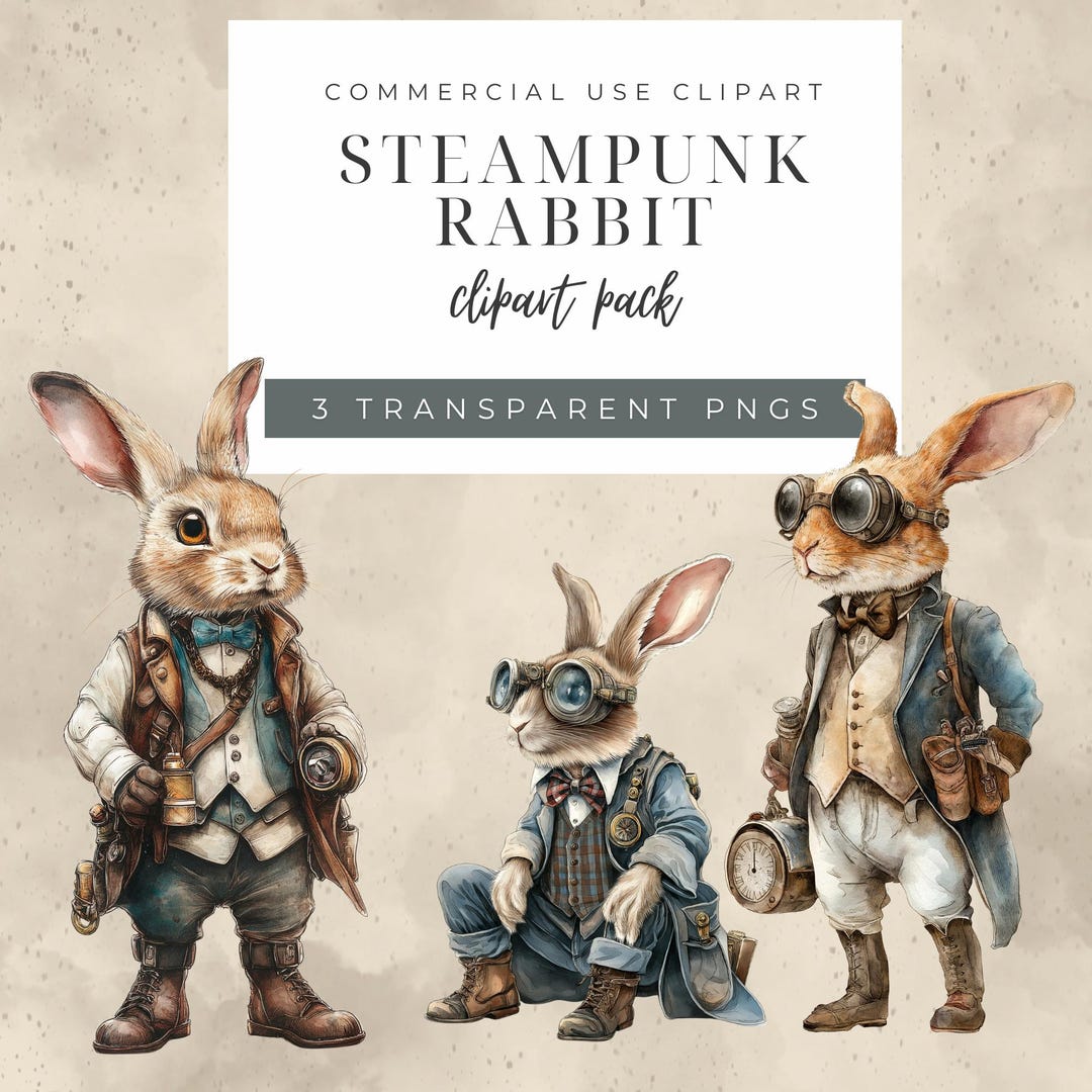 Steampunk Rabbits Clipart PNG % Whimsical Design for Cards, Junk ...