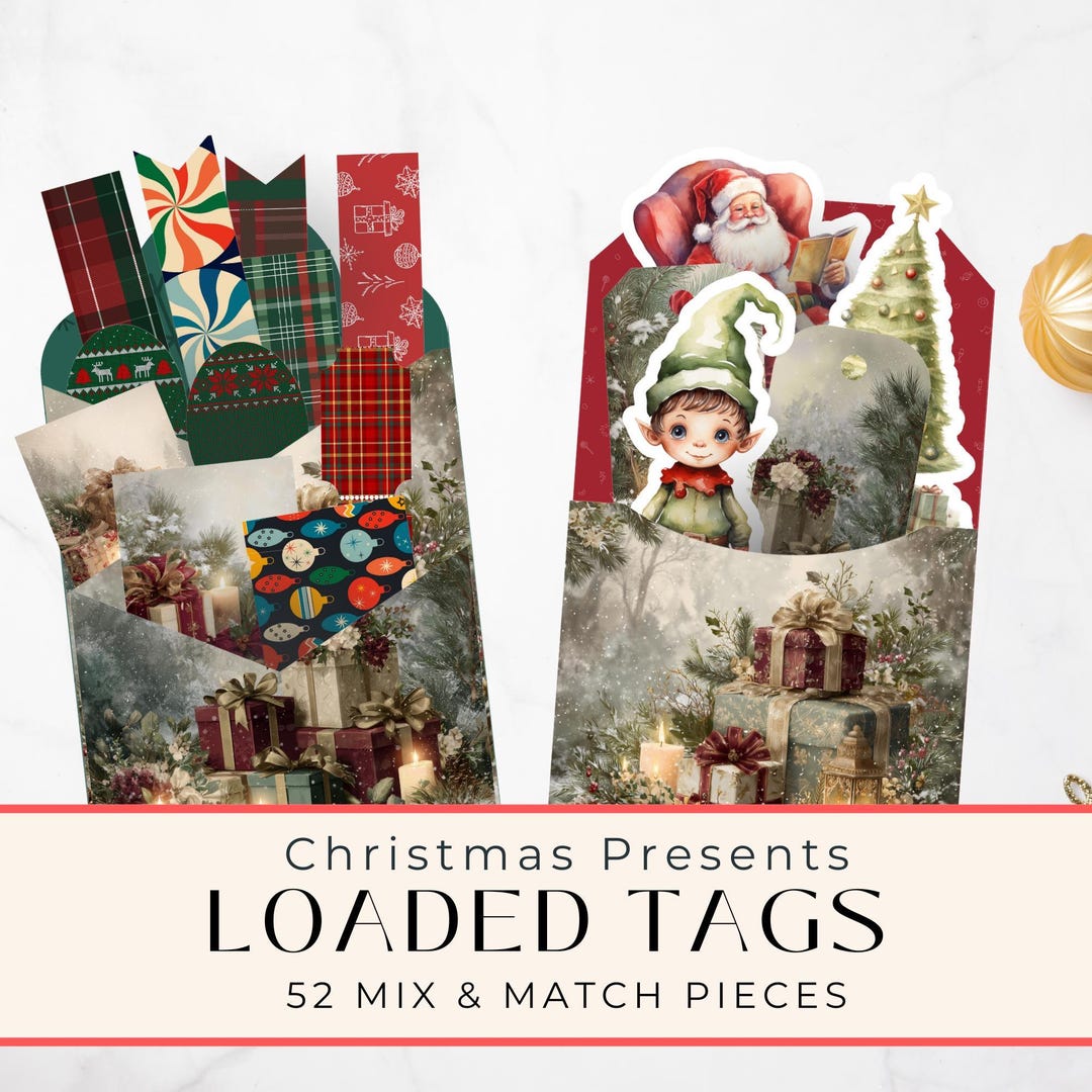 Christmas Presents Loaded Tags Printable Kit • Vintage Holiday Ephemera ...