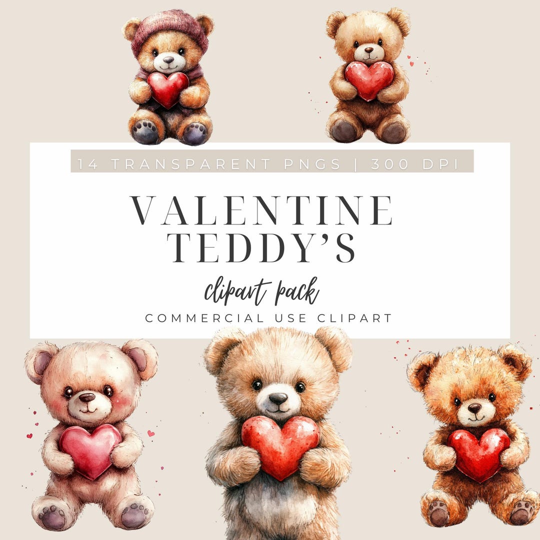 14 Valentine Teddy Bear, Heart Clip Art for Invitations, Cards, Digital ...