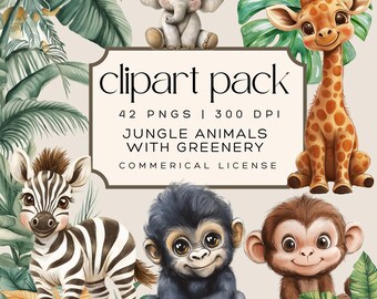 Cute Jungle Animals Clipart, Safari Baby Animal PNG, Watercolor Animal ...
