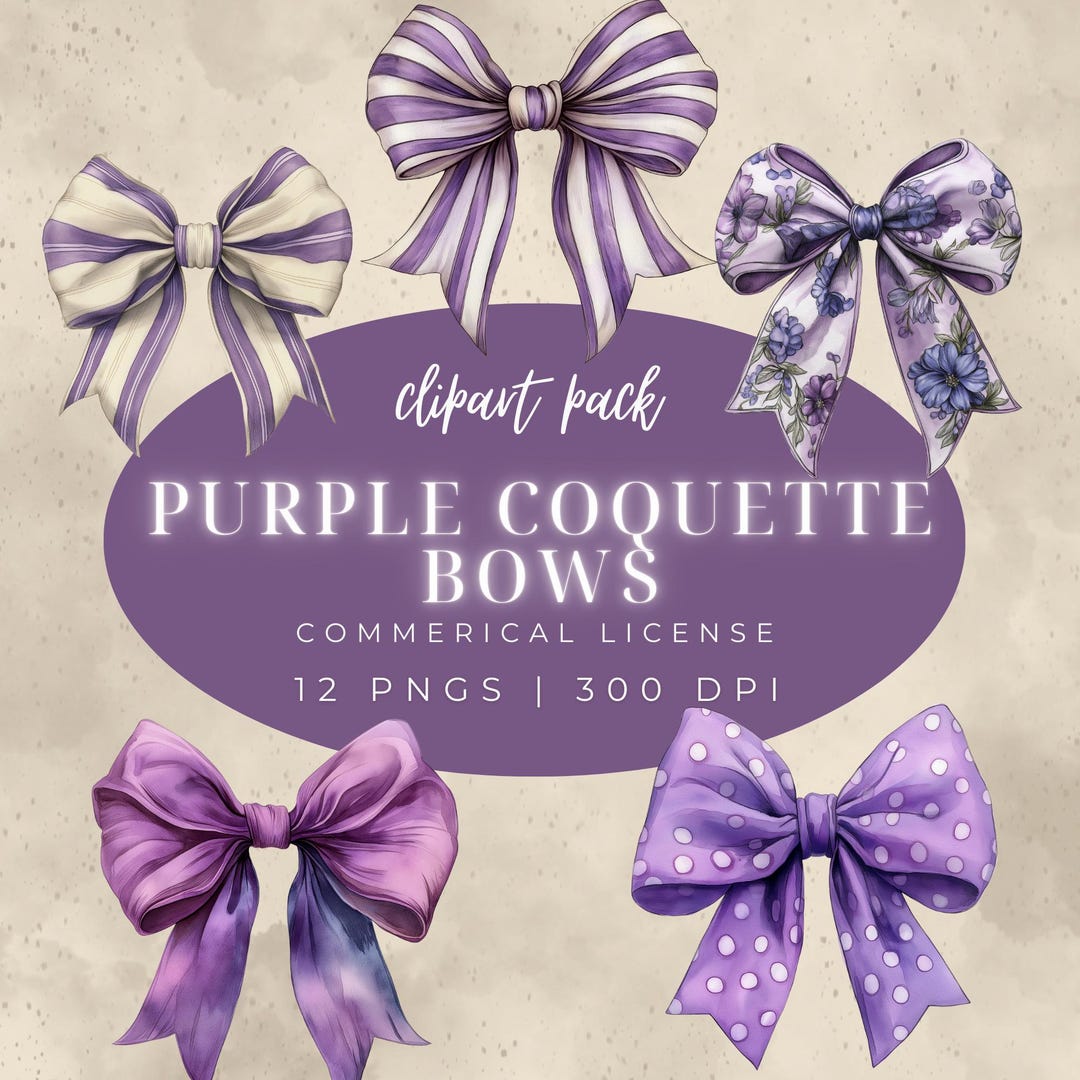 Purple Watercolor Coquette Bow Clipart - Cute Stripes and Polka Dots ...