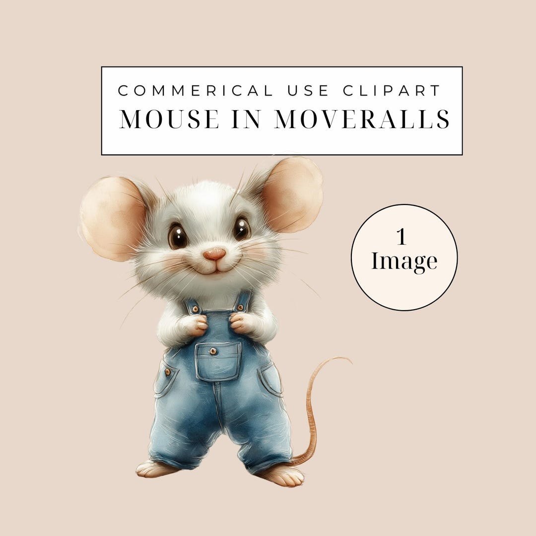 Watercolor Mouse in Overalls PNG: Commercial License, DIY Crafts ...
