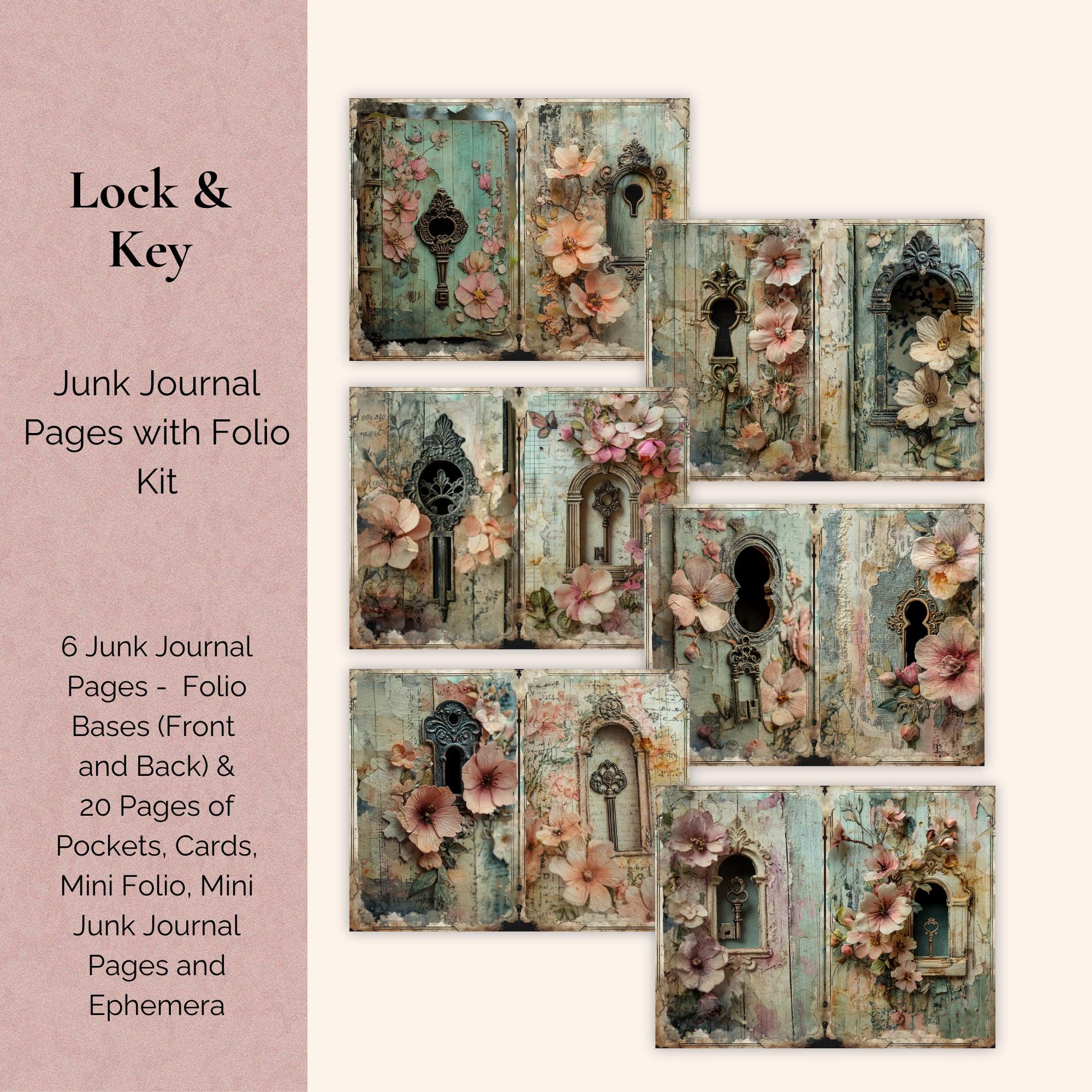 Vintage Lock & Key Junk Journal Pages and Folio Kit, Blue and Pink Lock ...
