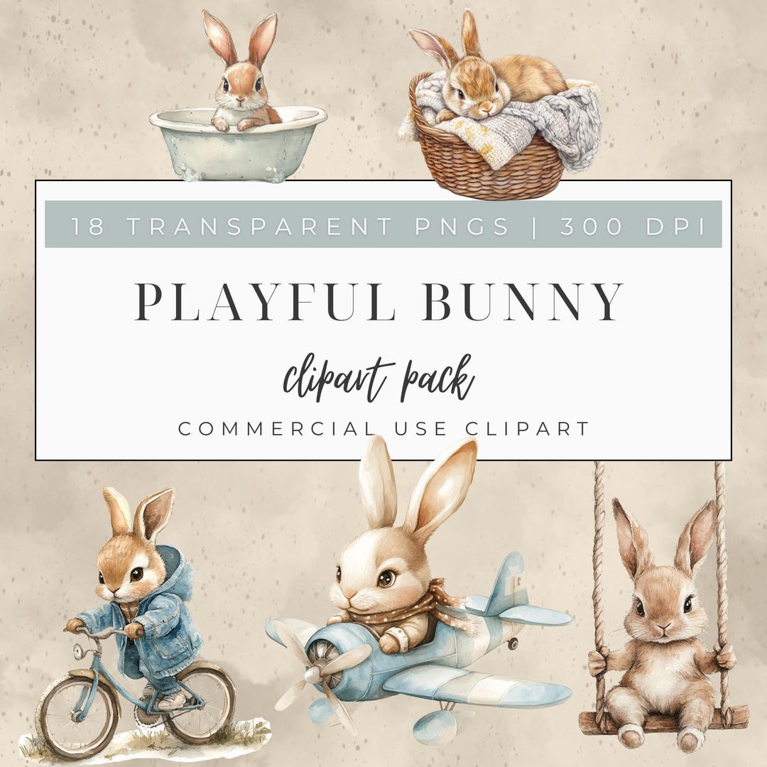 Playful Bunny Clipart Bundle - 18 PNG Rabbit Images for Spring Decor ...
