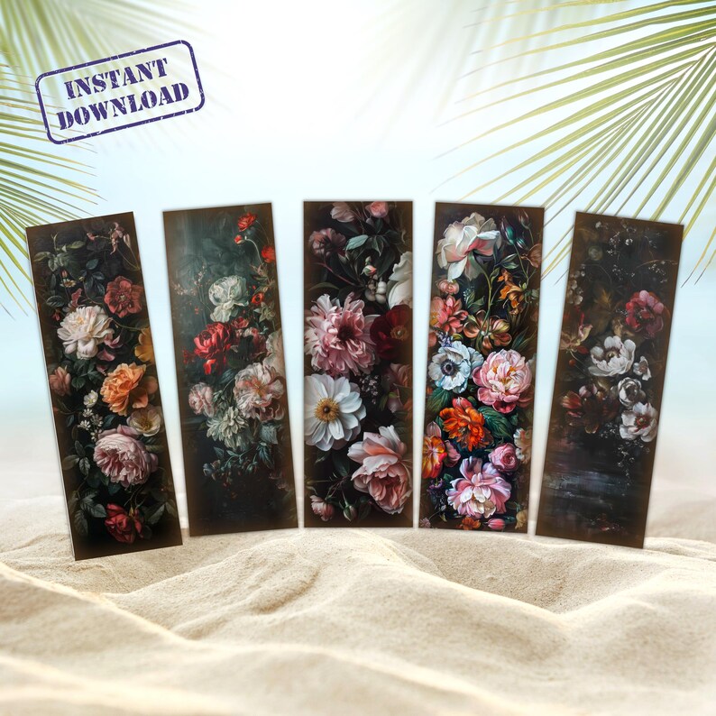 Moody Floral Digital Bookmarks Set, Printable Bookmarks, Floral Digital ...