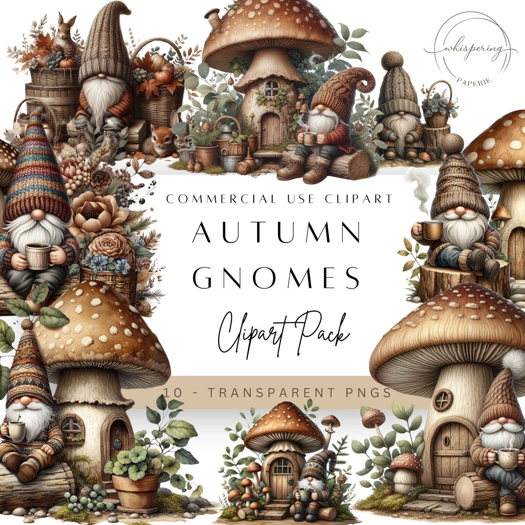 Watercolor Autumn Gnome Clipart PNG Bundle, Autumn Graphics, Gnome ...