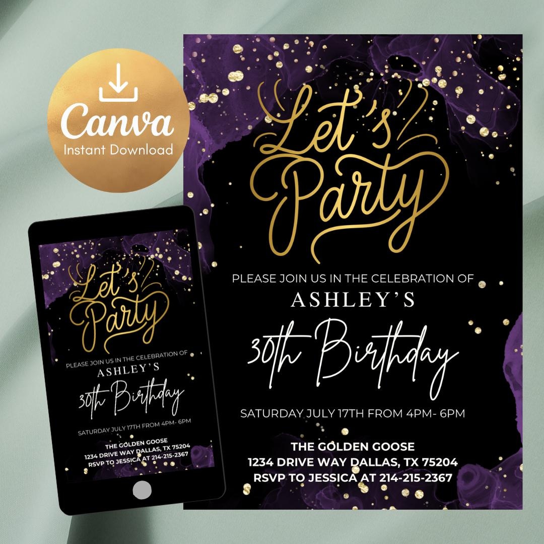Luxury Purple Gold Birthday Invite Digital - Etsy