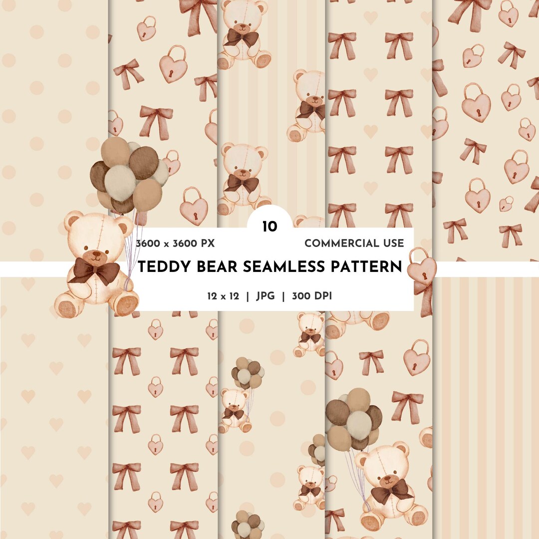 Beige Teddy Bears Seamless Patterns | Watercolor Baby Digital Papers ...