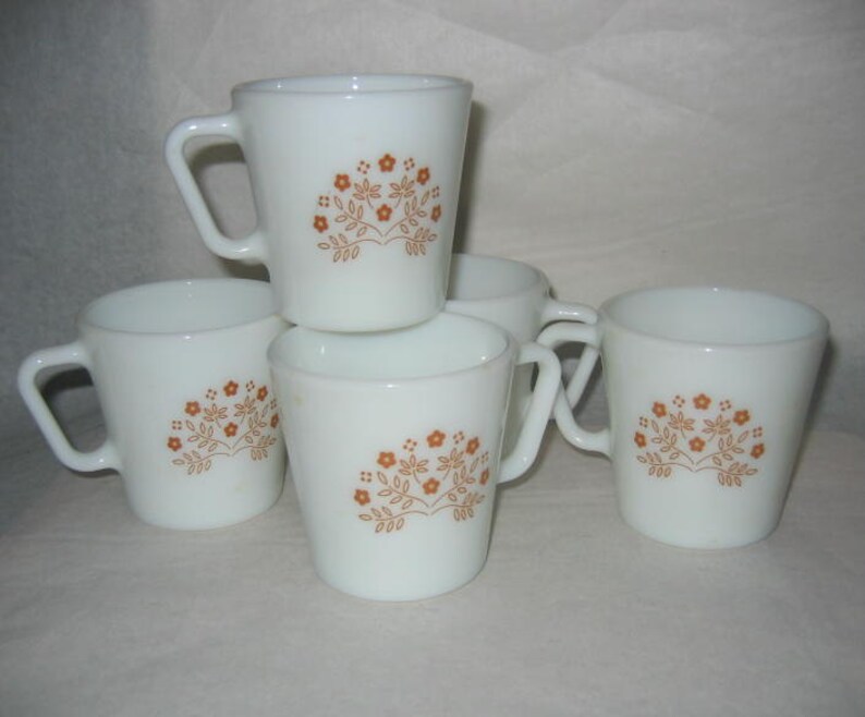 Set of 5 Vintage Pyrex Mugs Brown Floral on White - Etsy