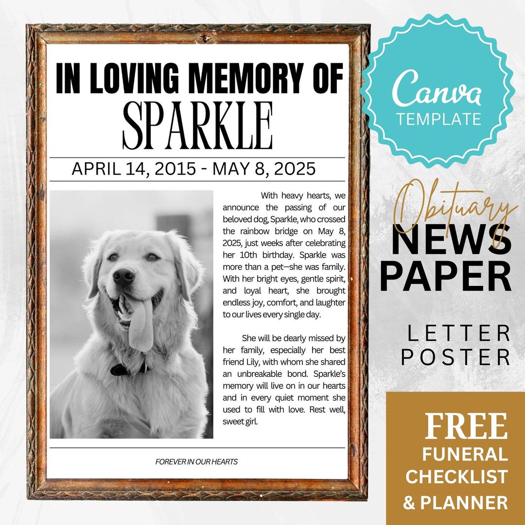 Dog Funeral Obituary Newspaper Template for Loss of Pet- Minimalist ...